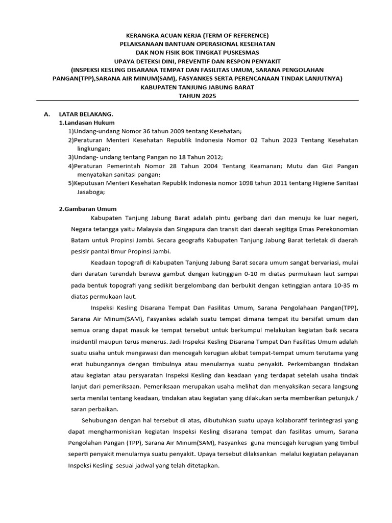 Tor Inspeksi Kesling Disarana Tempat Dan Fasilitas Umum, Sarana Pengolahan Pangan (TPP), Sarana ...