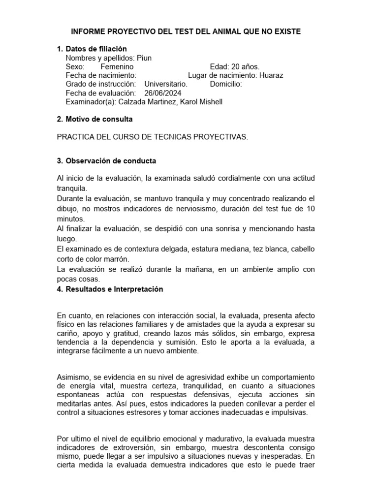 Modelo de Informe Del Test Del Animal Que No Existe | PDF | Agresión ...