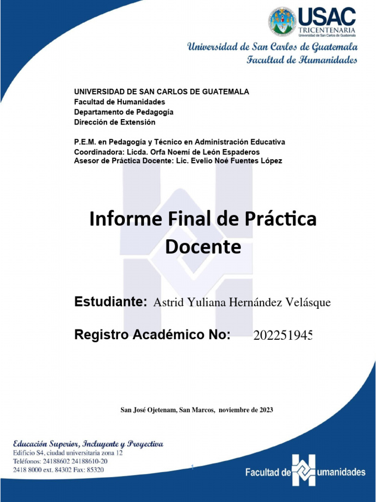 Informe Final de Práctica Docente USAC | PDF | Maestros | Enseñando