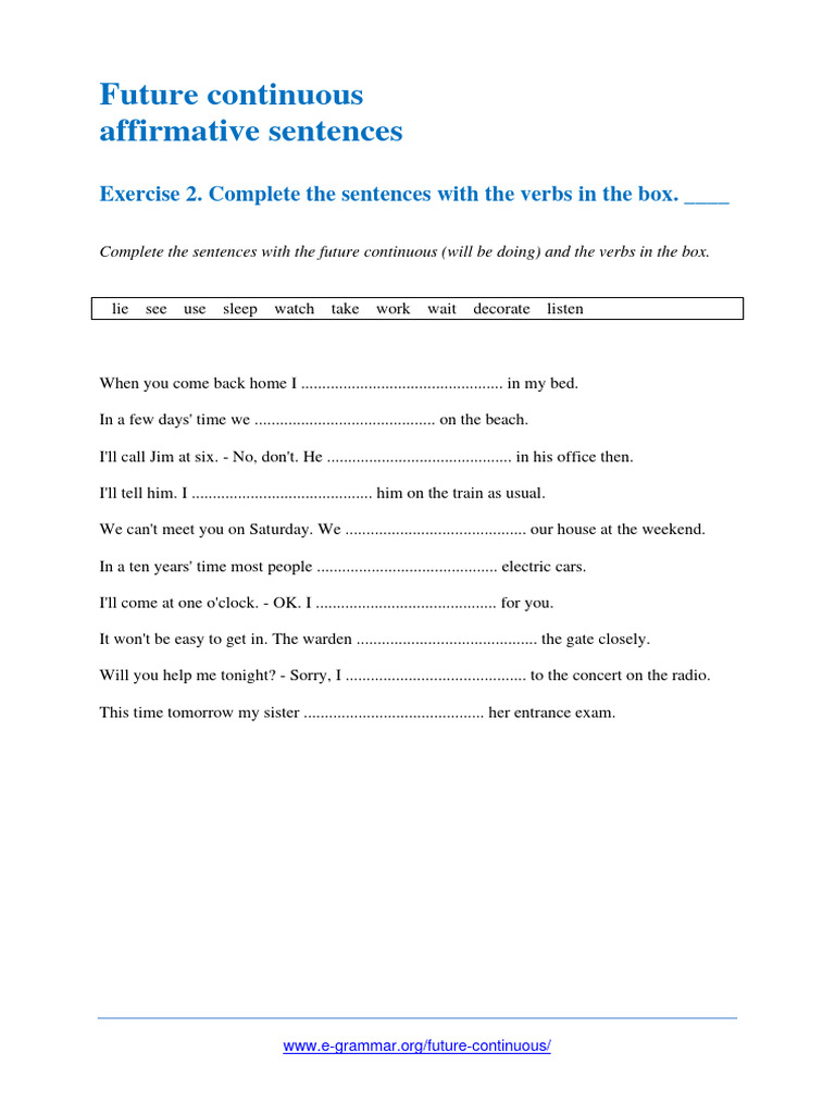 Future Continuous Sentences Worksheet | PDF