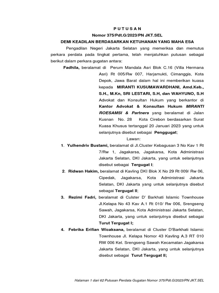 Salinan Putusan 375 PDT G 2023 PN JKT SEL (PN) | PDF