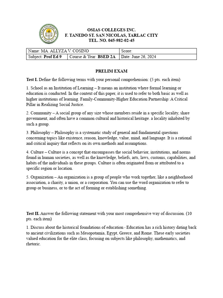 Prof Ed 9 Prelim | PDF | Knowledge | Institution