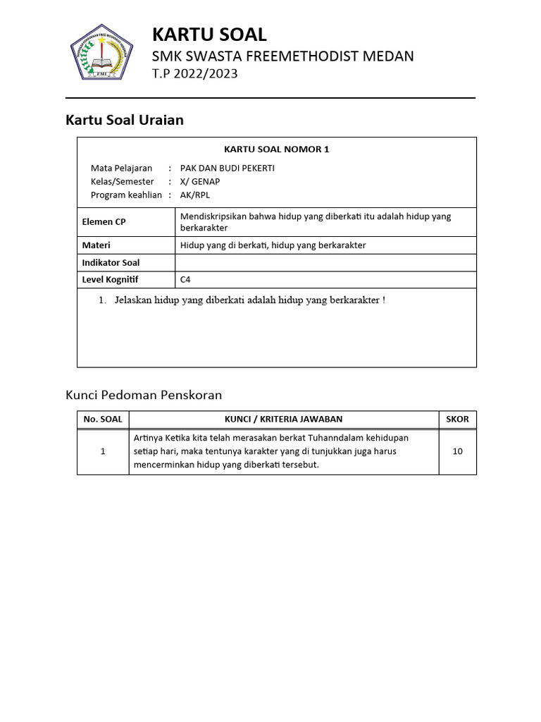 Kartu Soal Kurmer Agama Kelas X AK-RPL | PDF | Karier & Perkembangan | Sains & Matematika