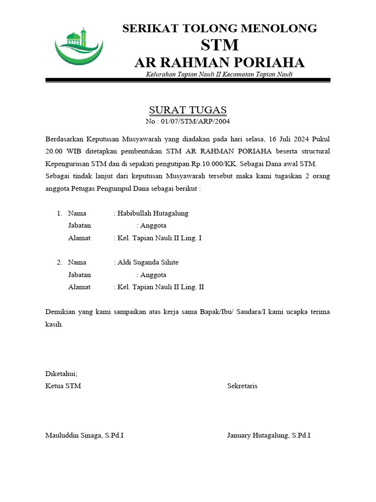 Surat Tugas STM Ar Rahman Poriaha | PDF