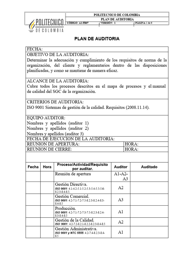 Modelo Plan de Auditoria | PDF | Auditoría | Business