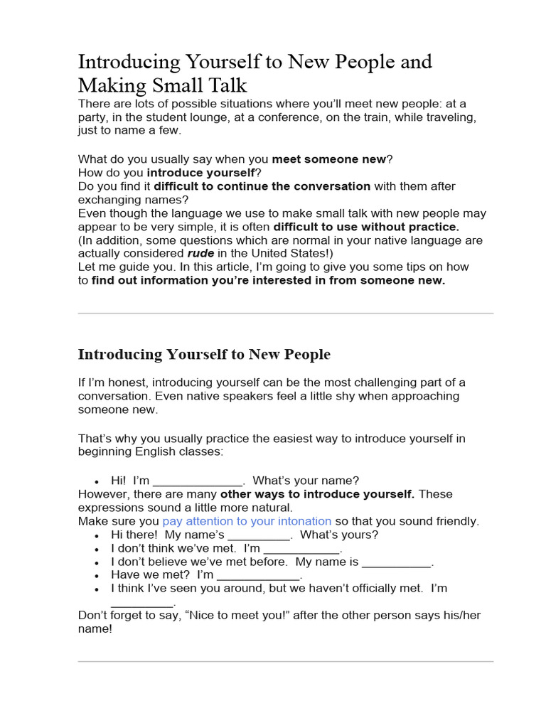 Introducing Yourself To New People and Making Small Talk | PDF | Human ...