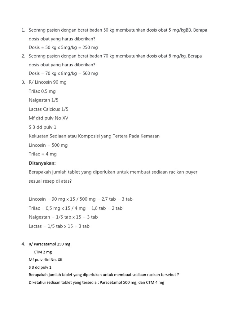 Contoh Perhitungan Dosis Obat Tablet | PDF | Kesehatan Holistik