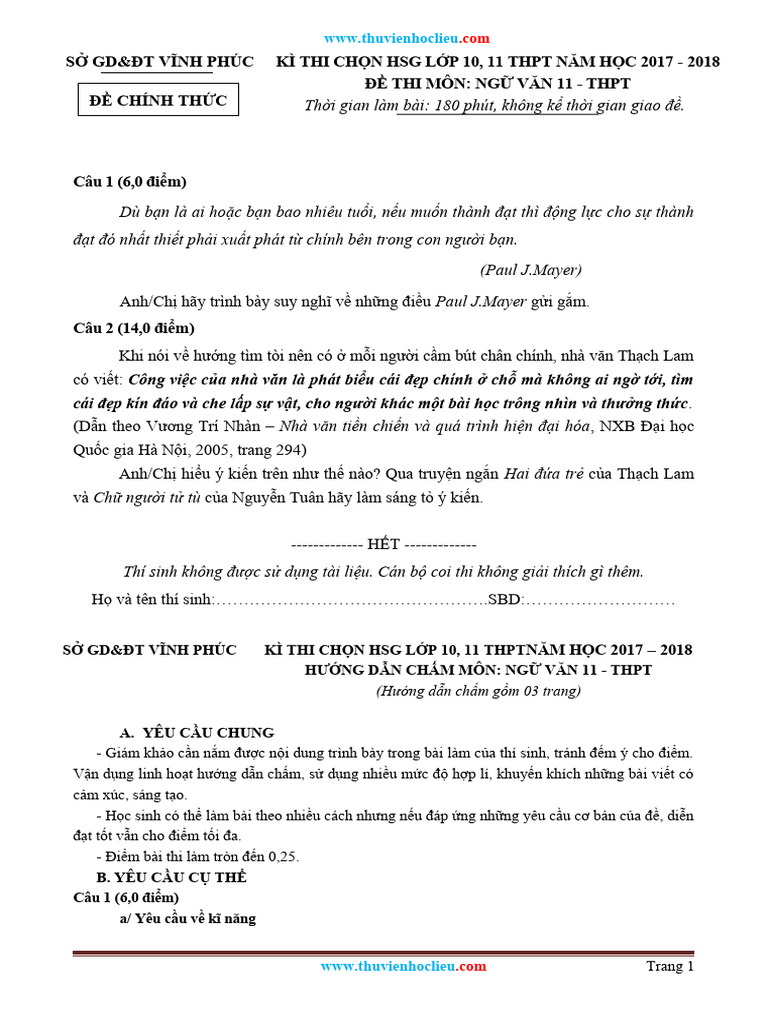 De Thi HSG Van 11 VINH PHUC 2018 | PDF