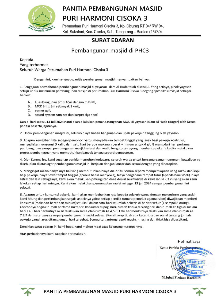 Surat Edaran Panitia Pembangunan Masjid PHC3 11 Juli 2024 | PDF