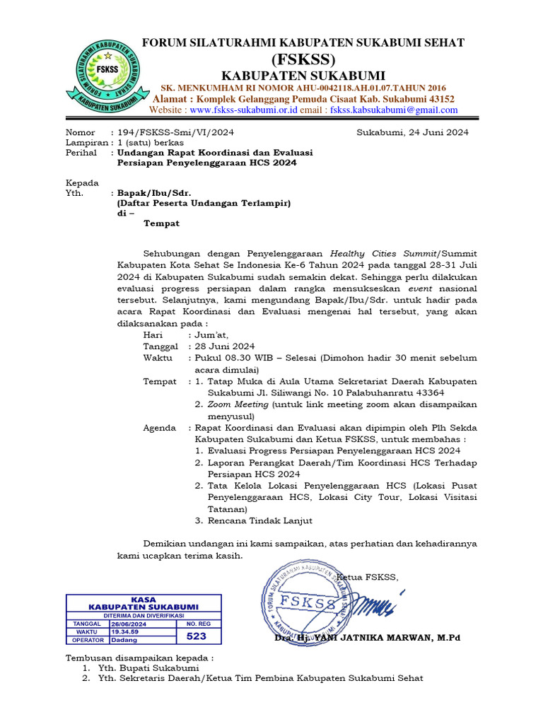 D. 523. FSKSS. Undangan Rapat Koordinasi & Evaluasi Persiapan HCS 2024 - Sign | PDF | Perjalanan