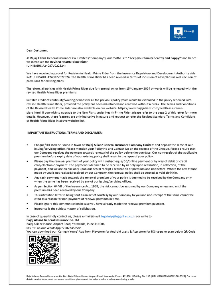 Product Change Letter HPR | PDF | Insurance | Cheque