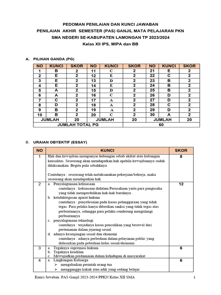 Pedoman Penilaian Dan Kunci Jawaban Pas Ganjil Kelas 12 2023 | PDF