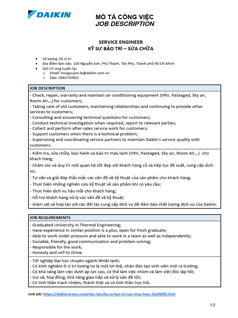 JD - HVAC Service Engineer - Daikin - May 2023 | PDF