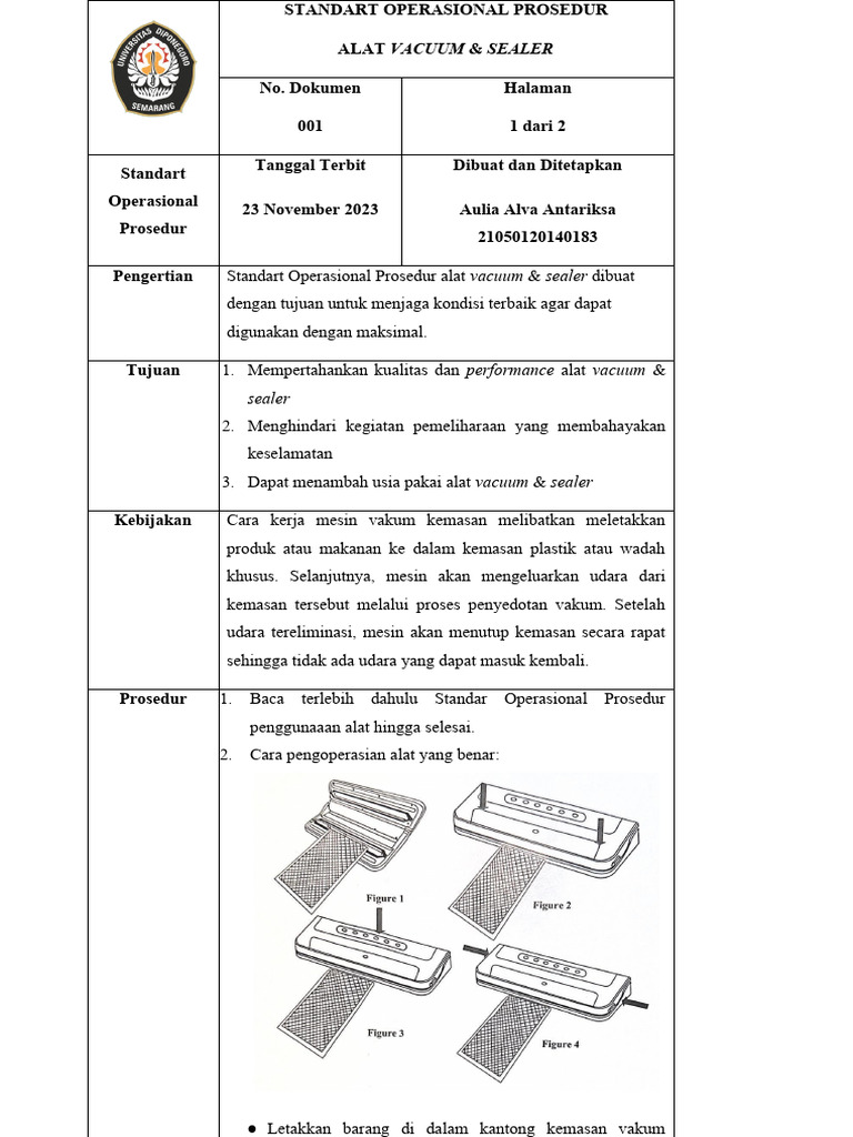 STANDART OPERASIONAL PROSEDUR Vacuum Sealer | PDF