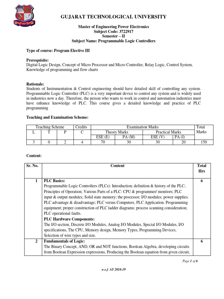 Programmable Logic Controllers (Program Elective III) SYLLABUS | PDF | Programmable Logic ...
