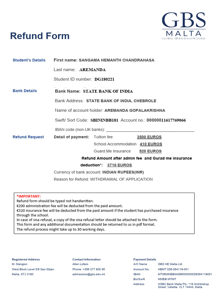 Refund Form - GBS Malta 2024 1 | PDF | Service Industries | Money