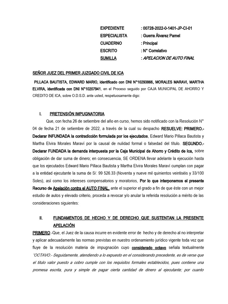 Pillaca Bautista, Edward Mario - Apelacion de Auto Final | PDF | Debido ...