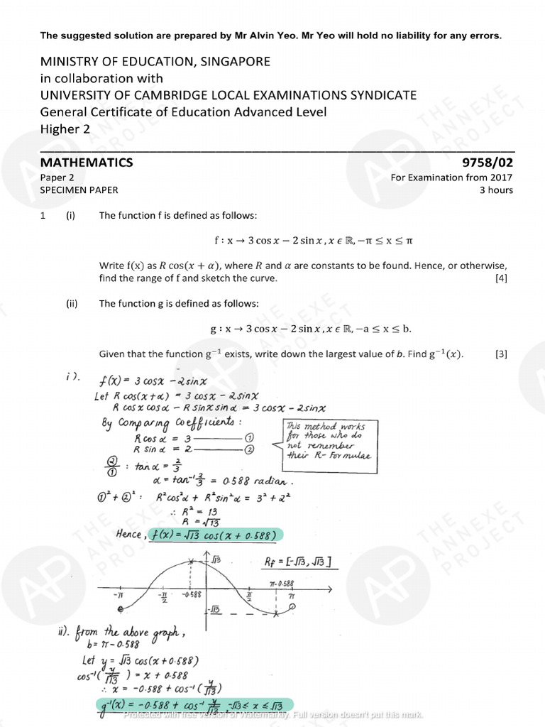 The Annexe Project A Level H2 Math Tuition 2007 A Level Specimen Paper 2 Solution | PDF