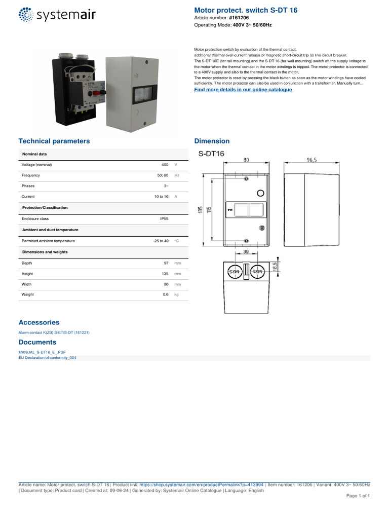 Systemair Motor Protect. Switch S-DT 16 | PDF | Electrical Equipment ...