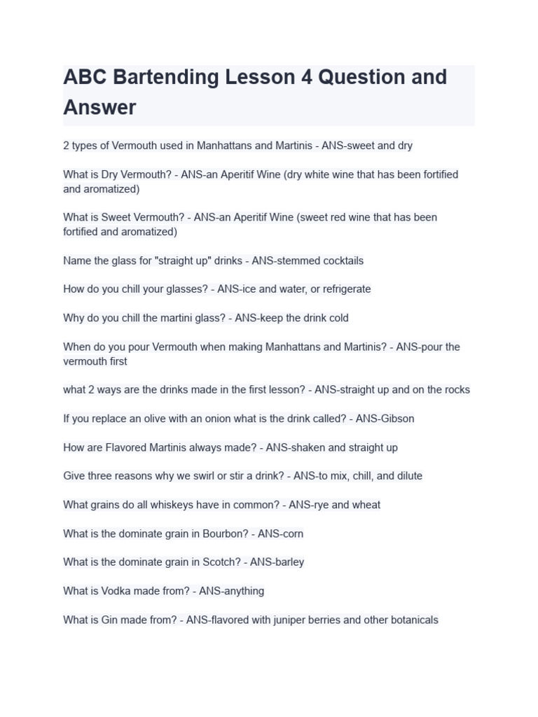 ABC Bartending Lesson 4 Question and Answer | PDF | Martini (Cocktail ...