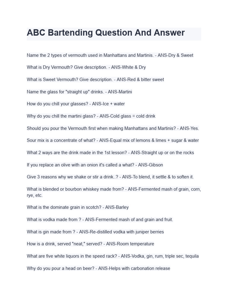 ABC Bartending Question and Answer | PDF | Martini (Cocktail) | Drink