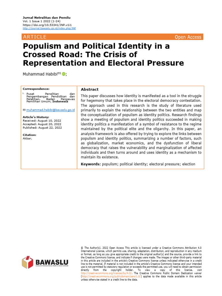 Populism and Political Identity in A Crossed Road: The Crisis of Representation and Electoral ...