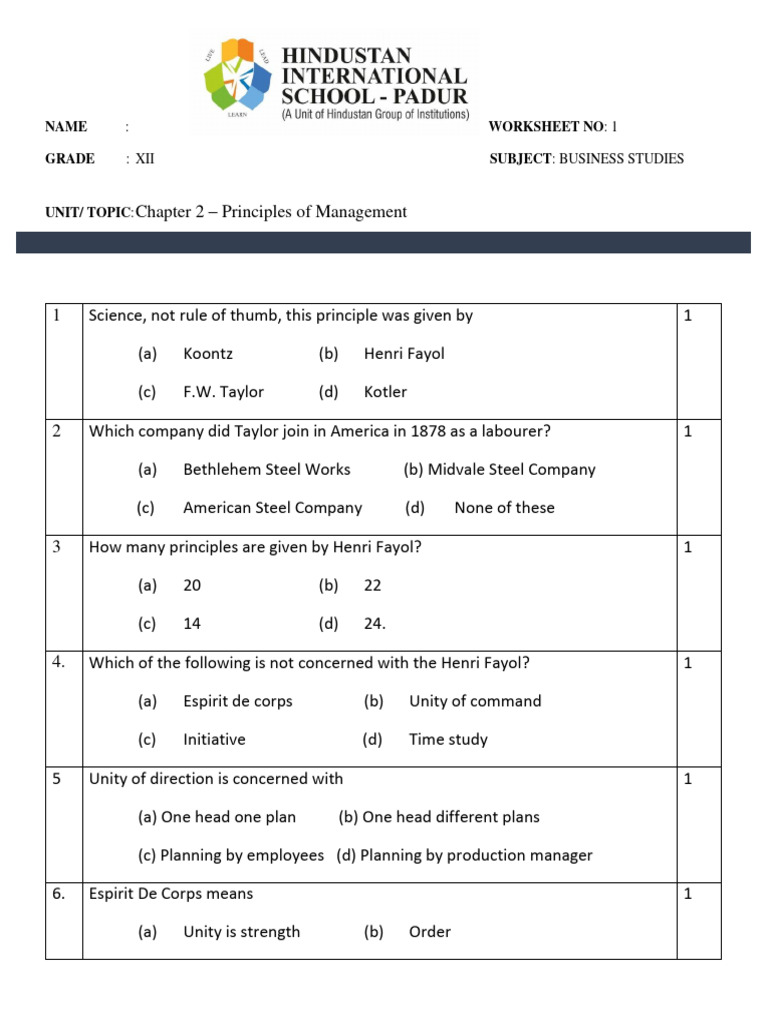 Worksheet 1 - Chapter 2 - Principles of Management | PDF | Business ...