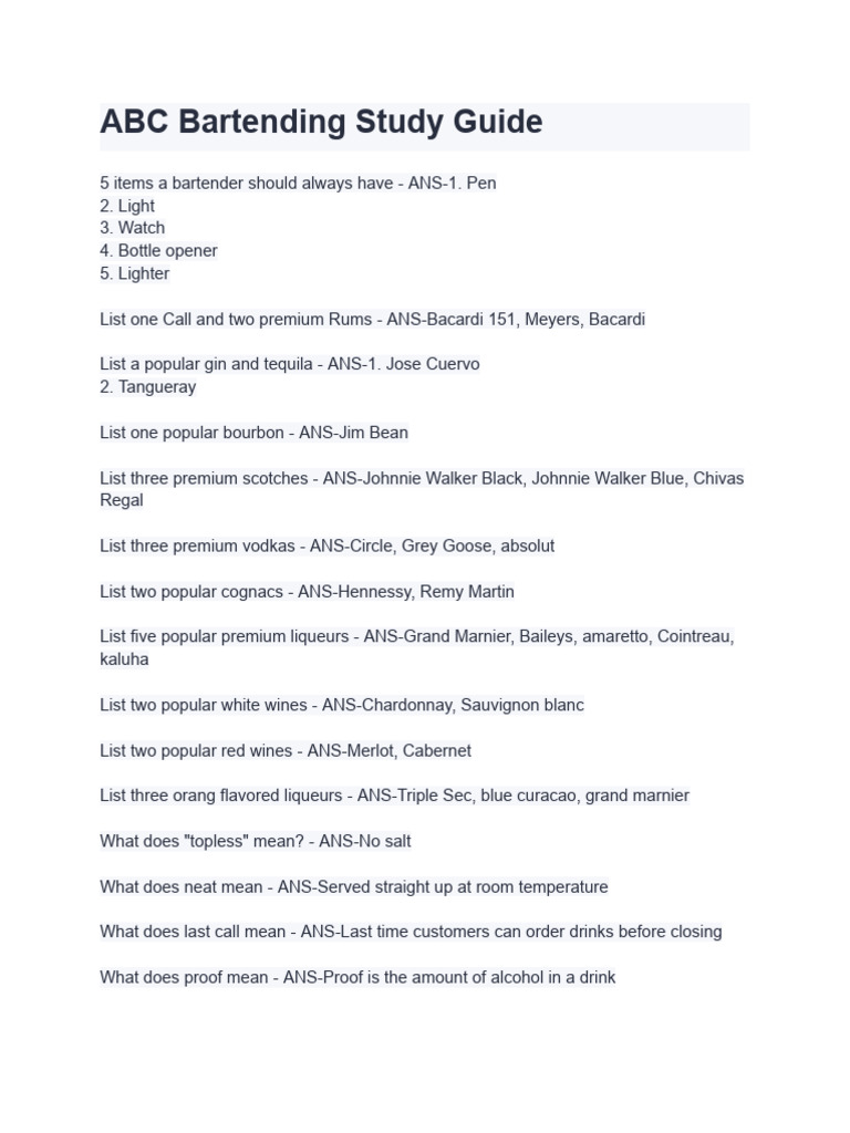 ABC Bartending Study Guide | PDF | Cooking, Food & Wine