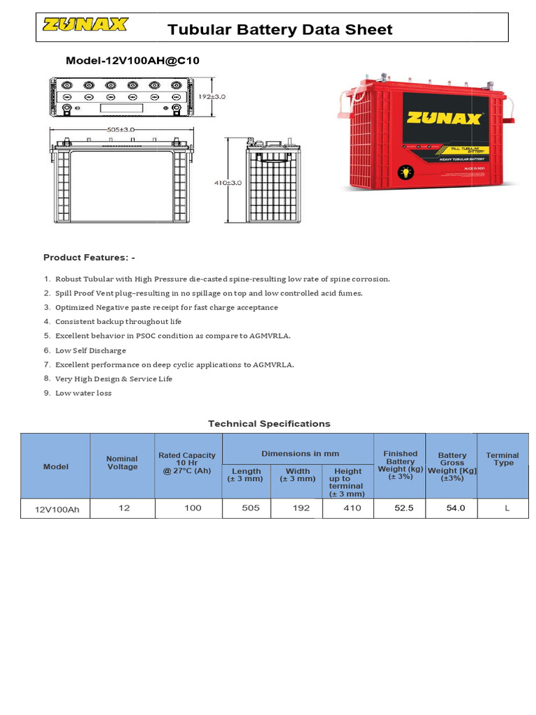 12V 100Ah Tubular Battery Specifications | PDF | Battery Charger ...