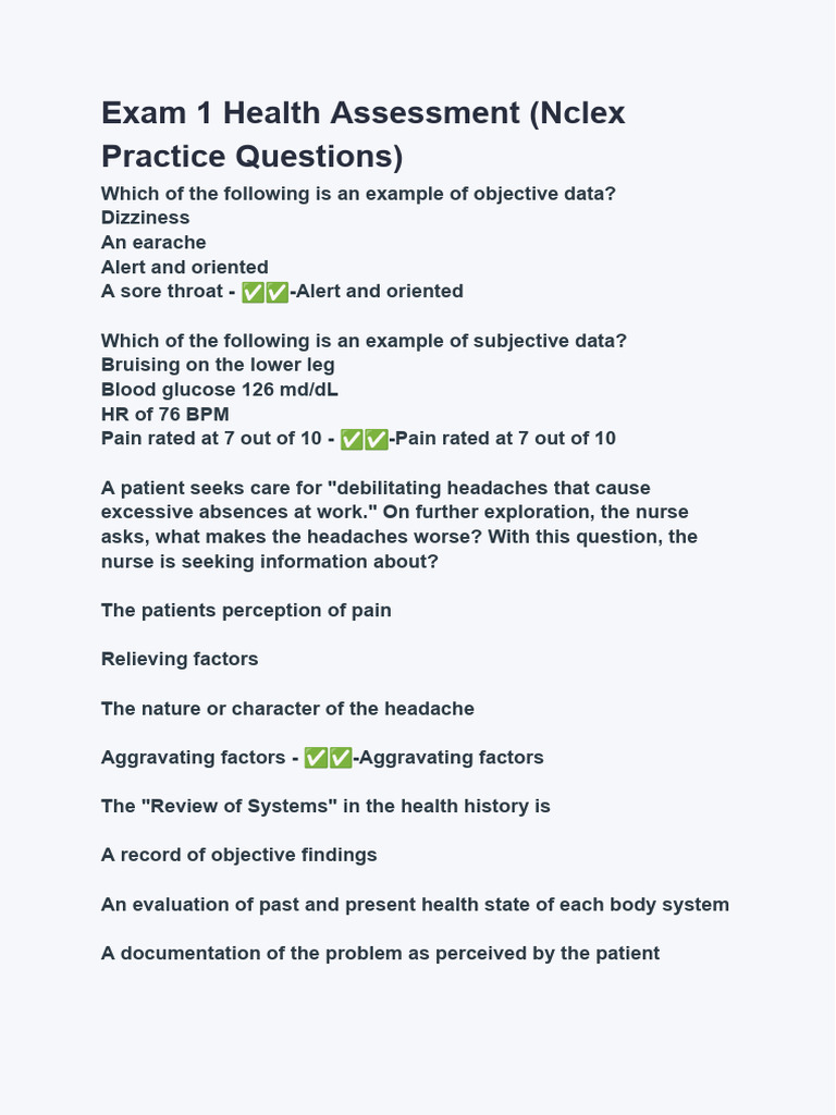 Exam 1 Health Assessment (Nclex Practice Questions) | PDF | Heart ...
