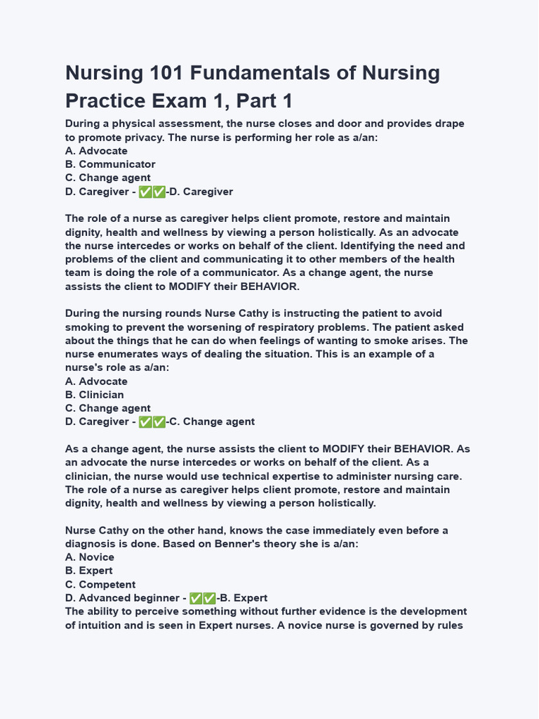 Nursing 101 Fundamentals of Nursing Practice Exam 1, Part 1 | PDF ...
