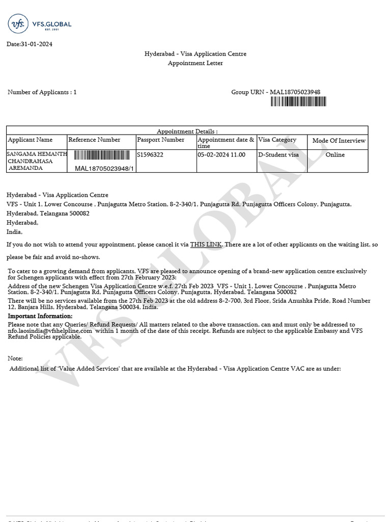 Visa Vfs Appointment Hyderabad | PDF | Travel Visa | Insurance