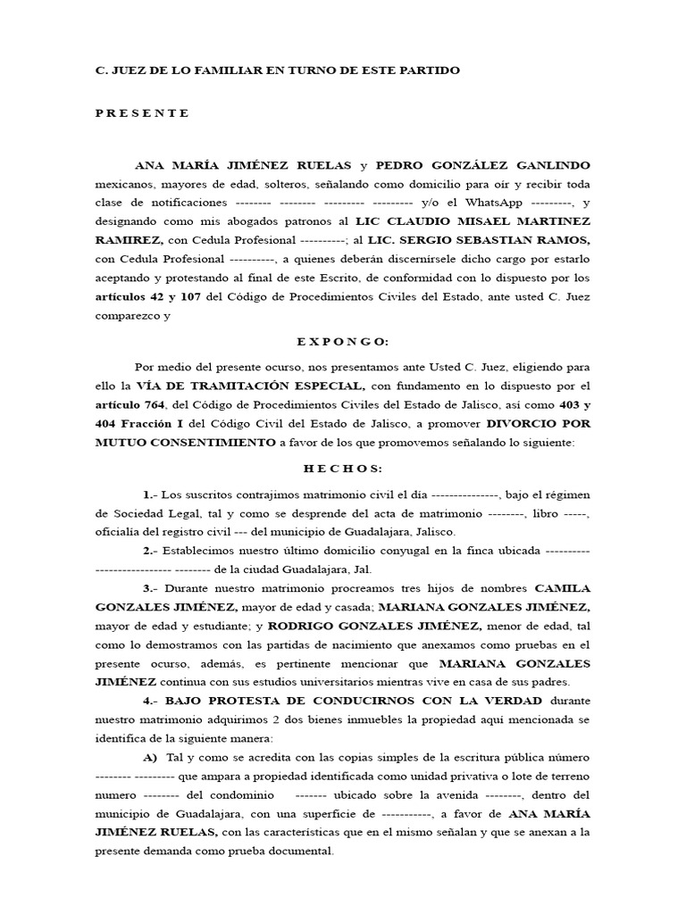 Demanda Divorcio Mutuo Misa y Sebas | PDF | Divorcio | Condominio