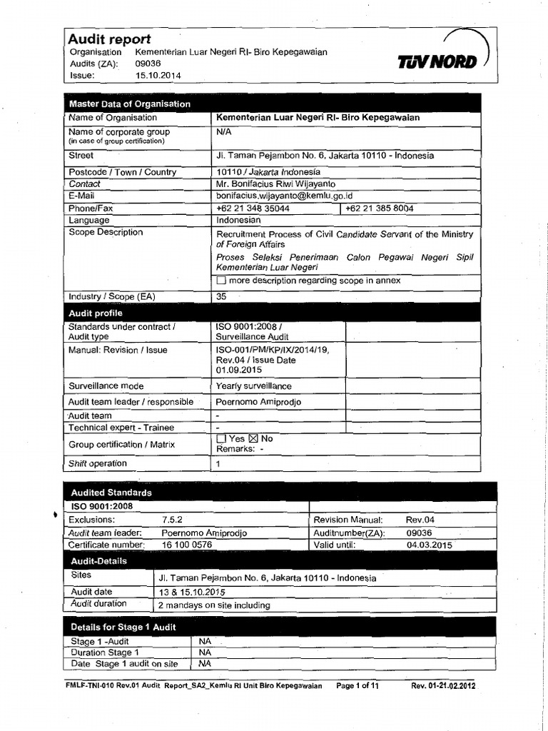 FMLF-TNI-010 Rev.01 Audit Report - SA2 - Kemlu RI Unit Biro Kepegawaian ...