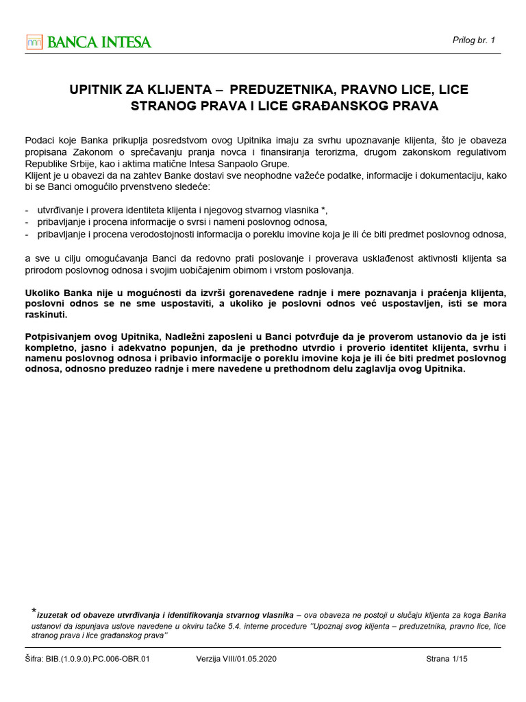 Prilog 1 KYC Upitnik Preduzetnik Pravno Lice | PDF