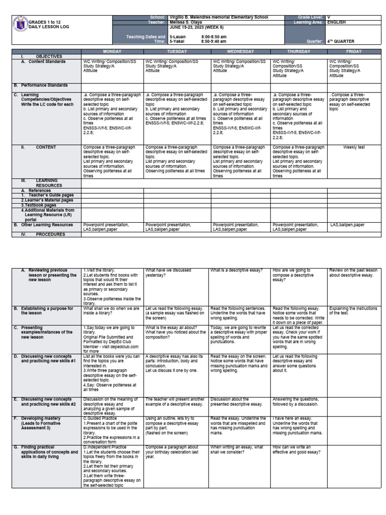 5th Grade English Daily Lesson Plan | PDF | Essays | Spelling