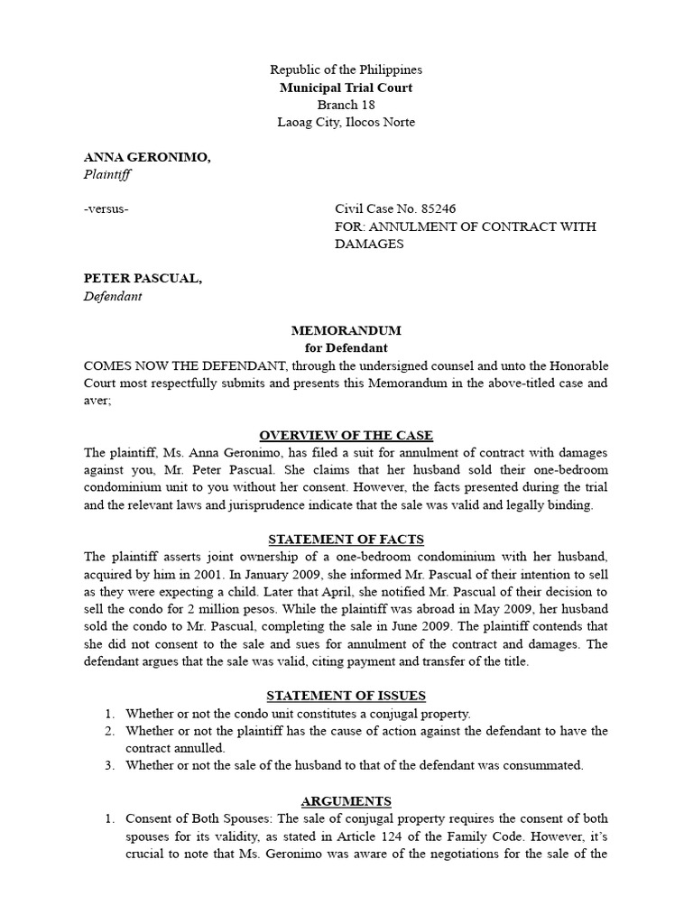Trial Memorandum | PDF | Offer And Acceptance | Lawsuit