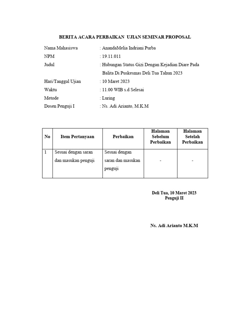Berita Acara Sempro Ananda Melia | PDF