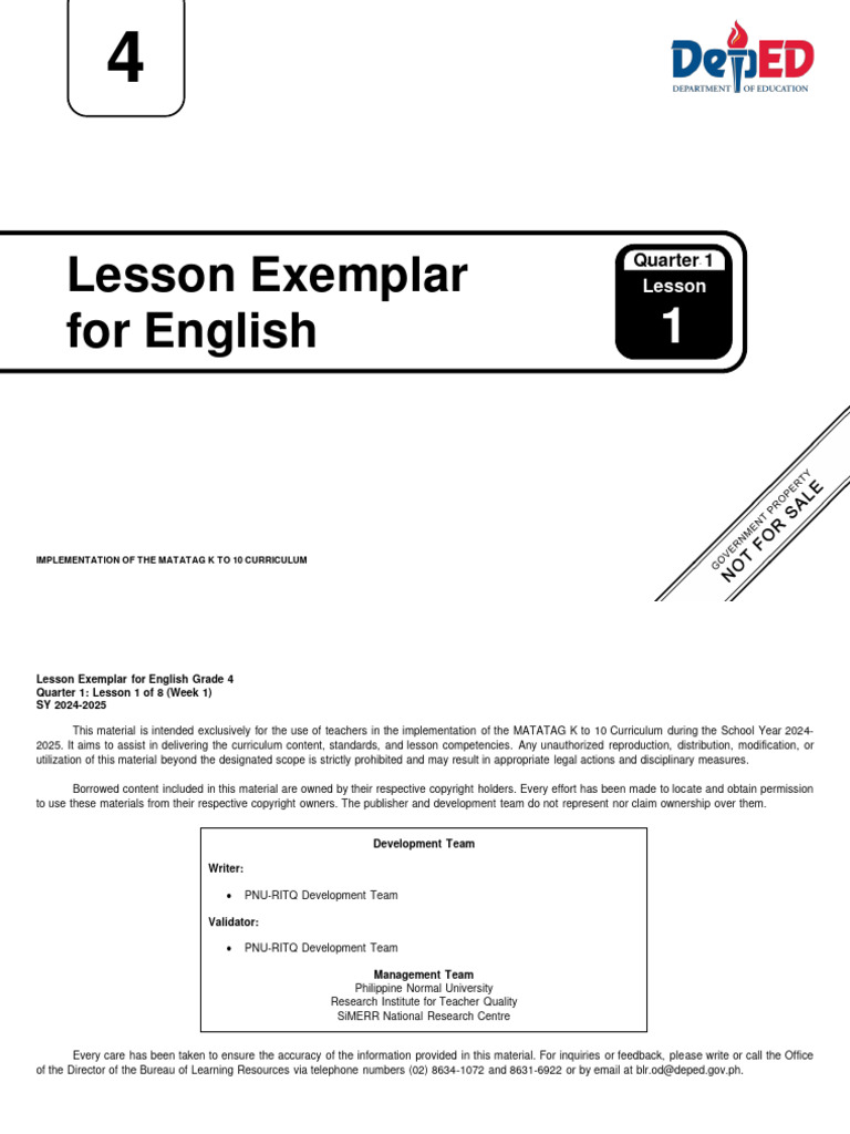 Q1 - LE - English 4 - Lesson 1 - Week 1 | PDF | Learning | Curriculum