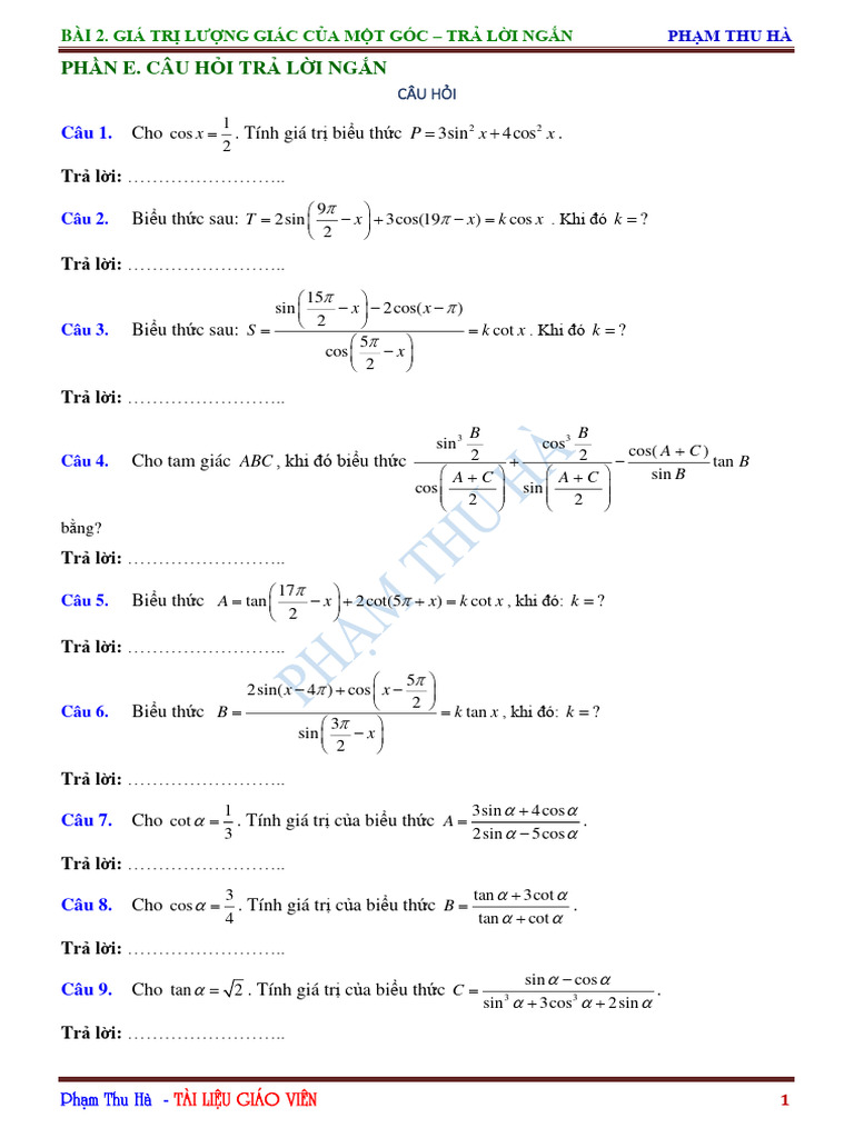 Bài 2. Gia Tri Luong Giac Cua Mot Goc - Traloingan | PDF