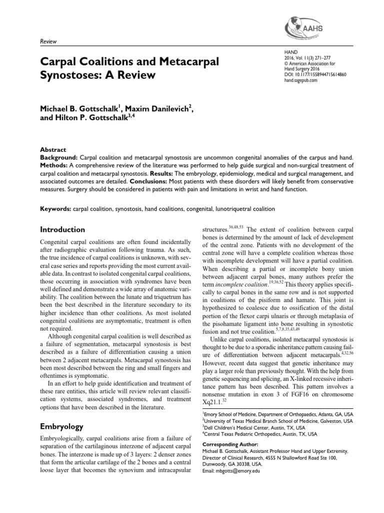 Carpal Coalitions and Metacarpal Synostoses A Review HAND 2016 American ...