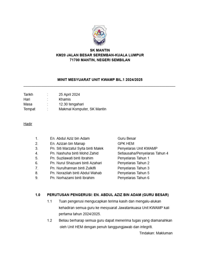Mesyuarat Unit KWAMP SK Mantin 2024 | PDF