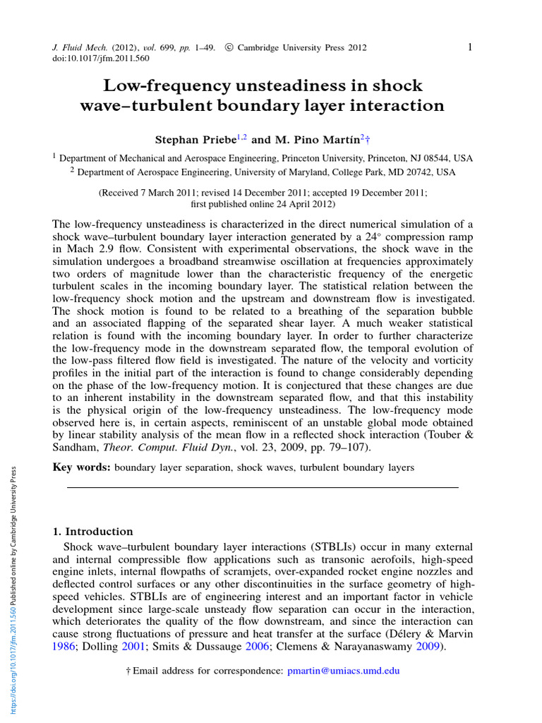 Low Frequency Unsteadiness in Shock Wave Turbulent Boundary Layer Interaction | PDF | Fluid ...