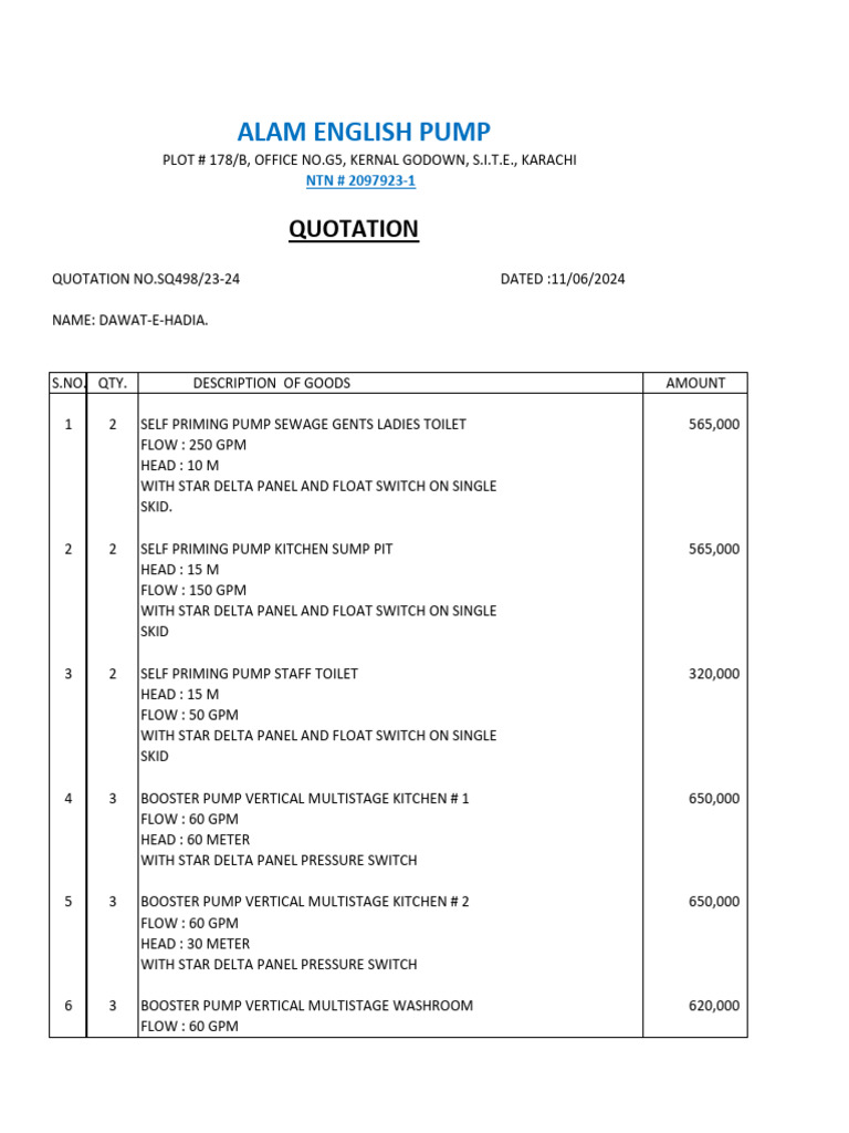 Quotation of Dawat e Hadia Multiple Pumps | PDF