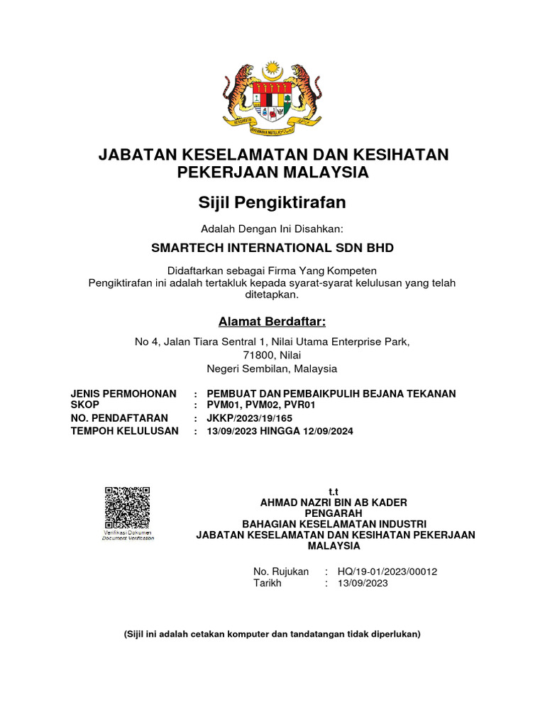 Sijil Pengiktirafan SMARTECH SDN BHD | PDF | Teknologi & Rekayasa