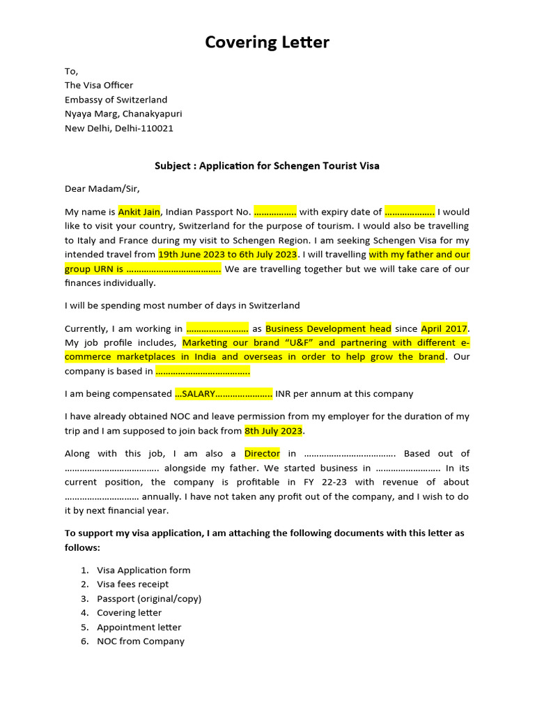 SWITZERLAND Covering Letter SAMPLE | PDF | Travel Visa | Rome