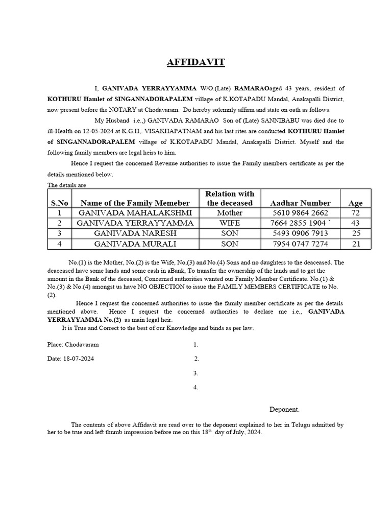 Family Member Affidavit for Heir Certificate | PDF | Affidavit | Common Law