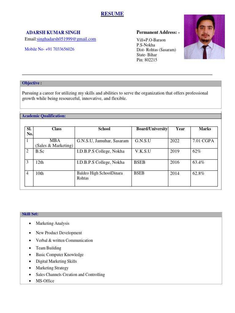 CV Adarsh Kumar Singh AD-8 | PDF