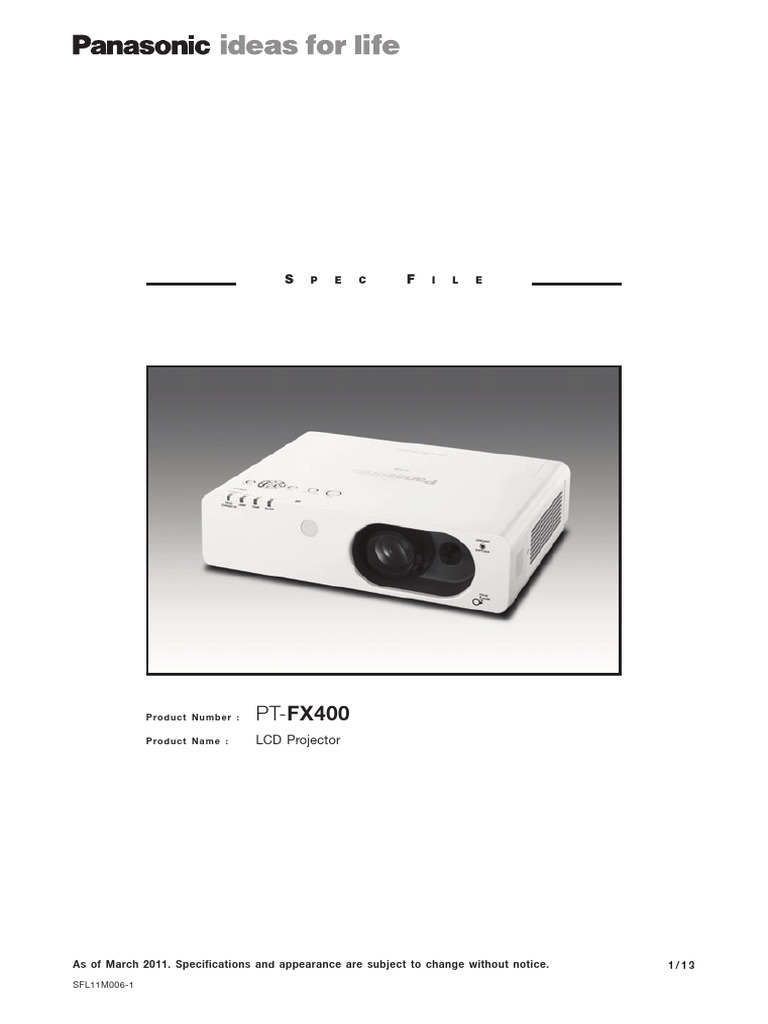 PT-FX400 Specsheet | PDF | Display Resolution | Display Technology