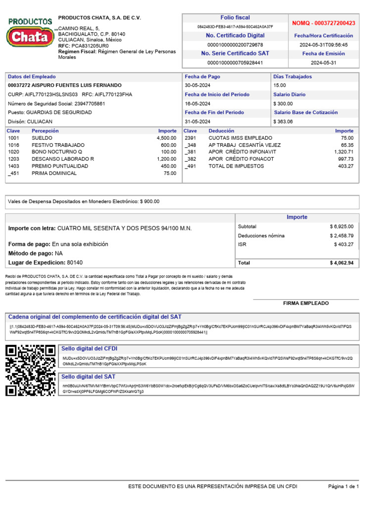 Recibo de Nómina - Productos Chata S.A. | PDF | Salario | Compensación laboral